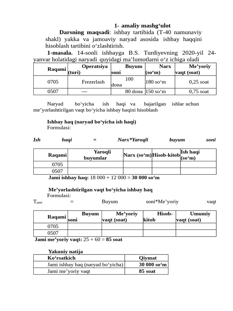 Ish Haqi Xarajatlaiga Oid Mashqlar | PDF