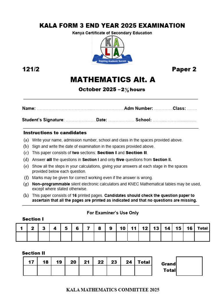 Kala Form 3 Math Pp2 Term III 2025 | PDF | Circle | Equations