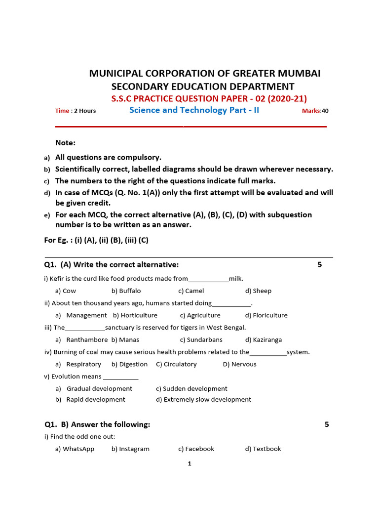 SSC Science Practice Paper 2020-21 | PDF | Genetics | Biology