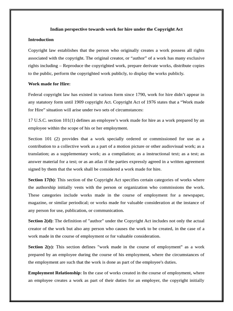 Indian Perspective Towards Work For Hire Under The Copyright Act | PDF ...