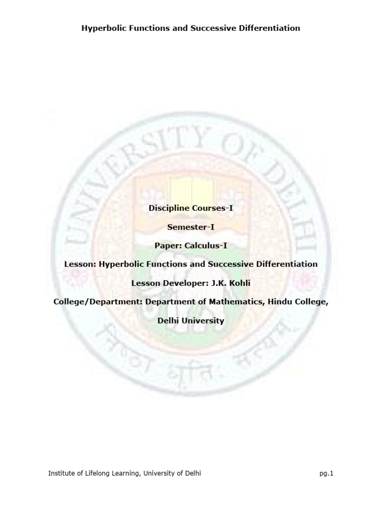 Hyperbolic Functions and Successive Differentiation | PDF ...