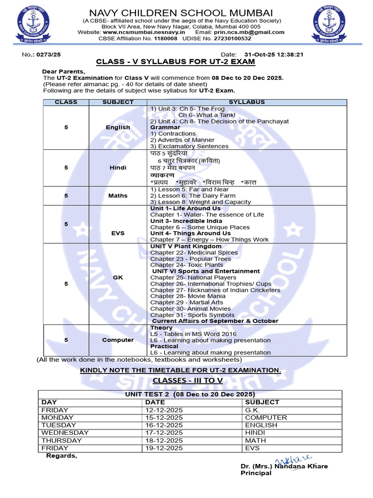 Circular No - 273 Class - V Syllabus For Ut-2 Exam | PDF