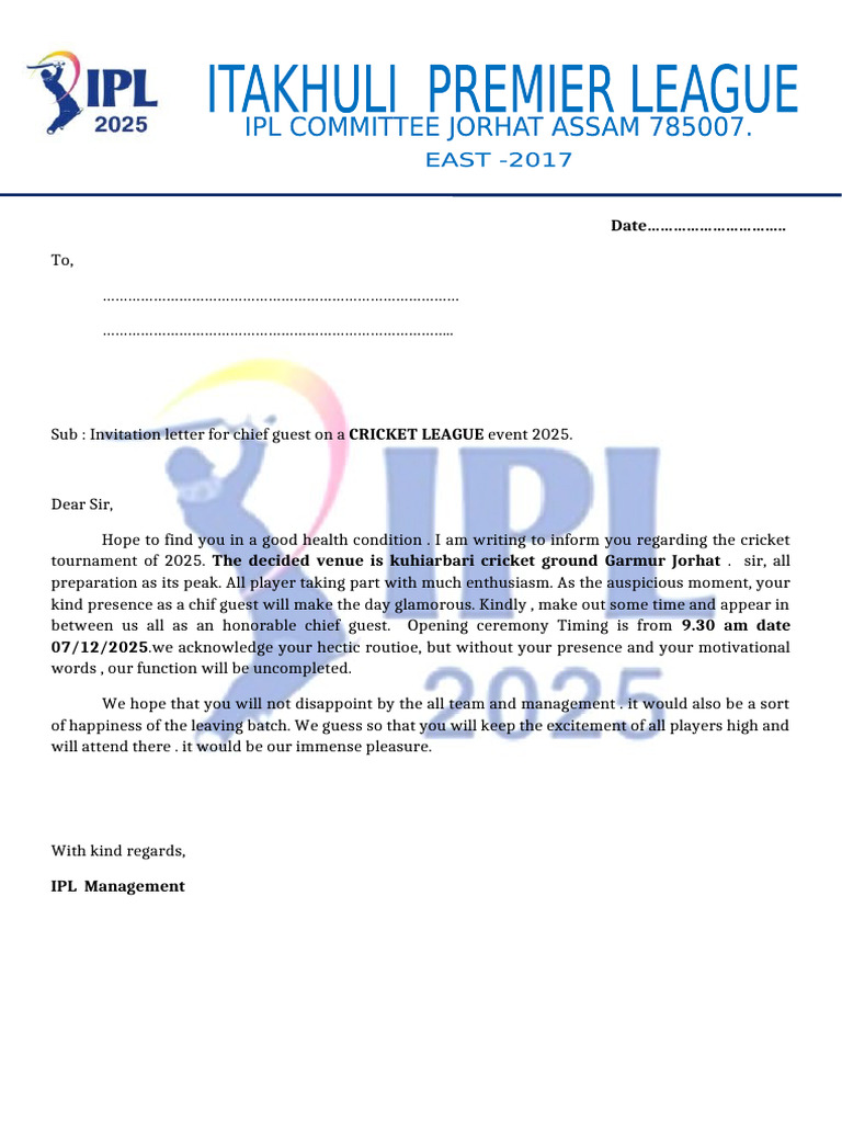 Invitation for Chief Guest at Cricket League 2025 | PDF