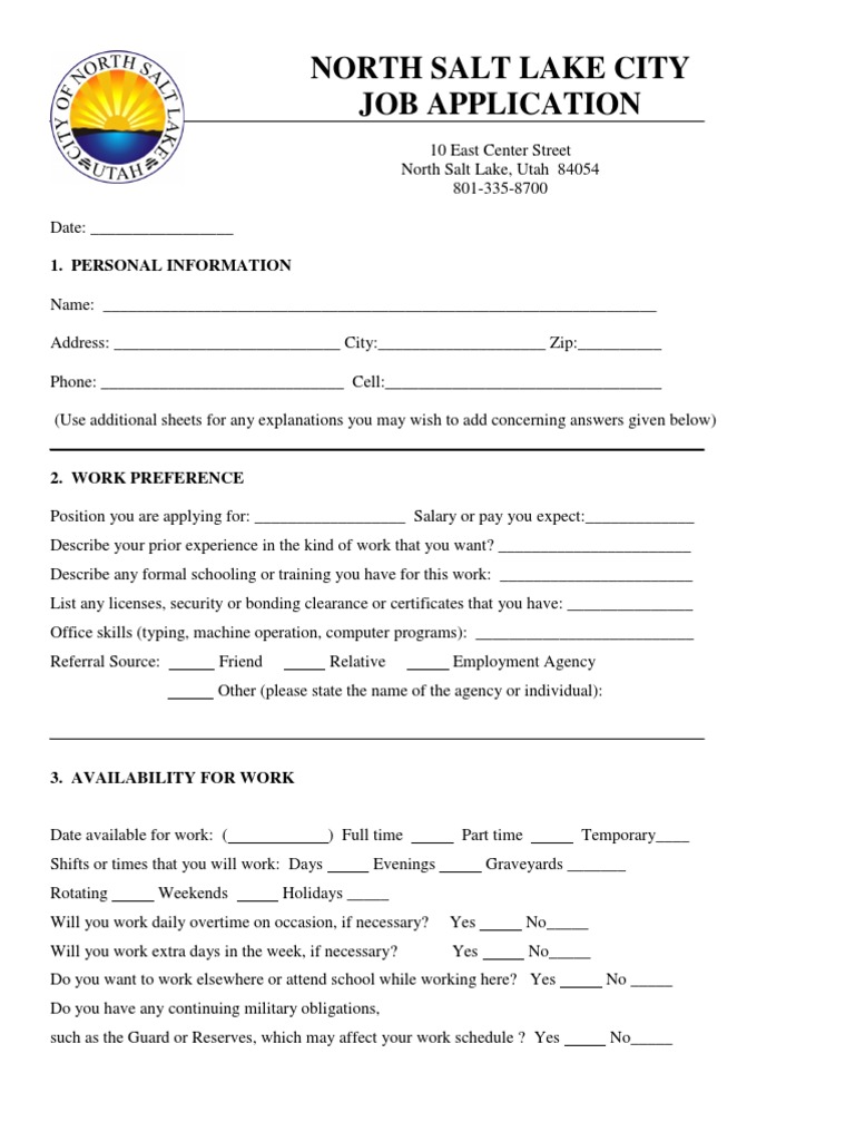 North Salt Lake City Job Application: 1. Personal Information | PDF ...