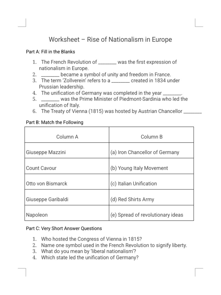 Nationalism in Europe Worksheet | PDF