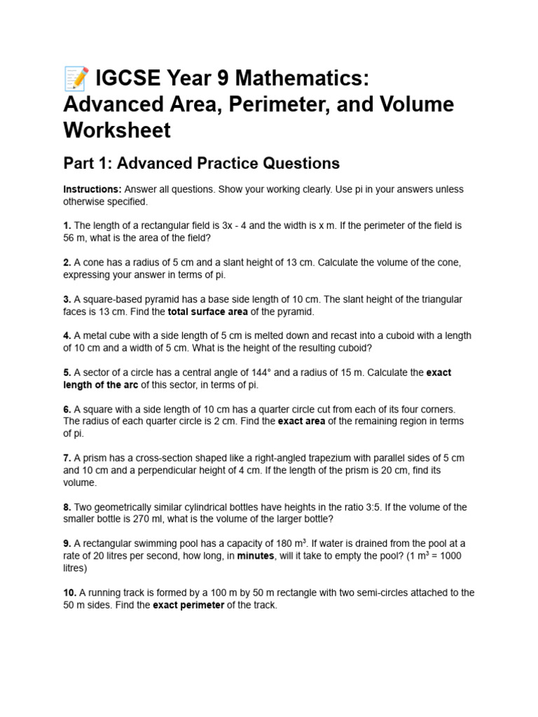 Advanced Area, Perimeter and Volume Practice Questions | PDF