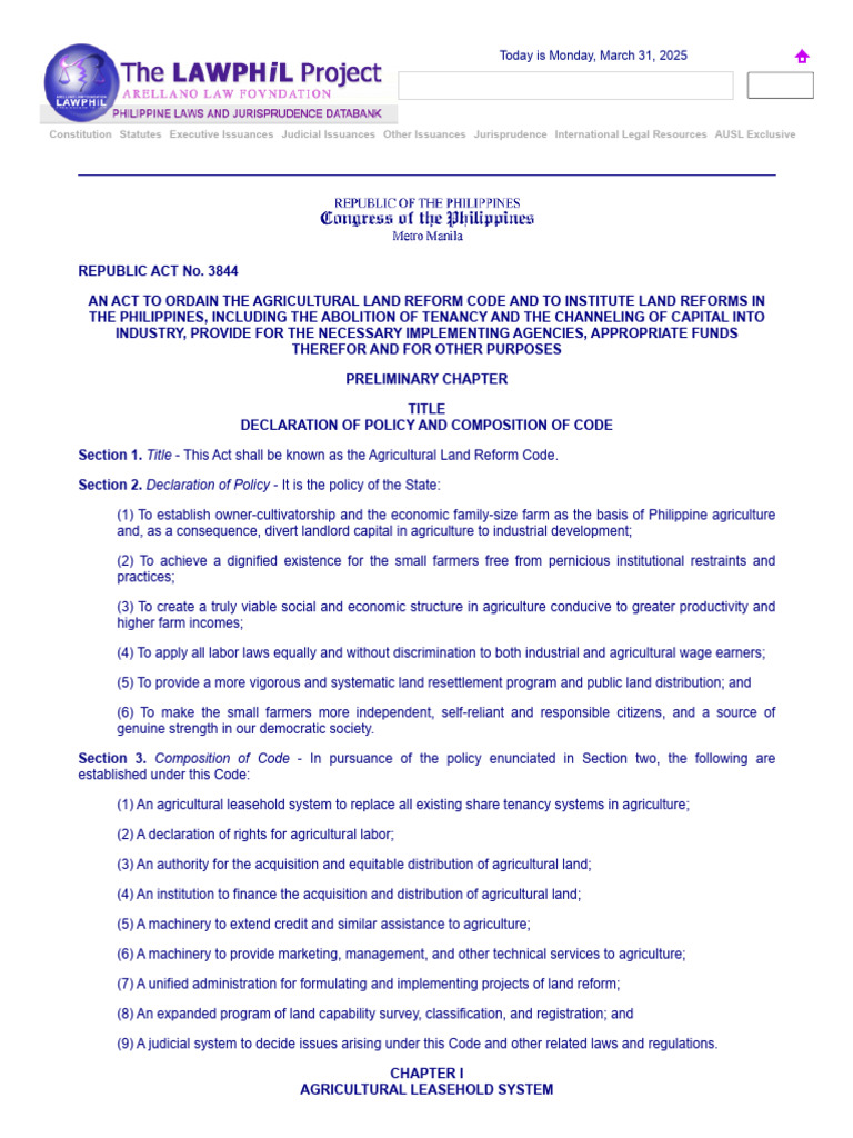 Republic Act No. 3844 August 8, 1963 | PDF | Lease | Leasehold Estate