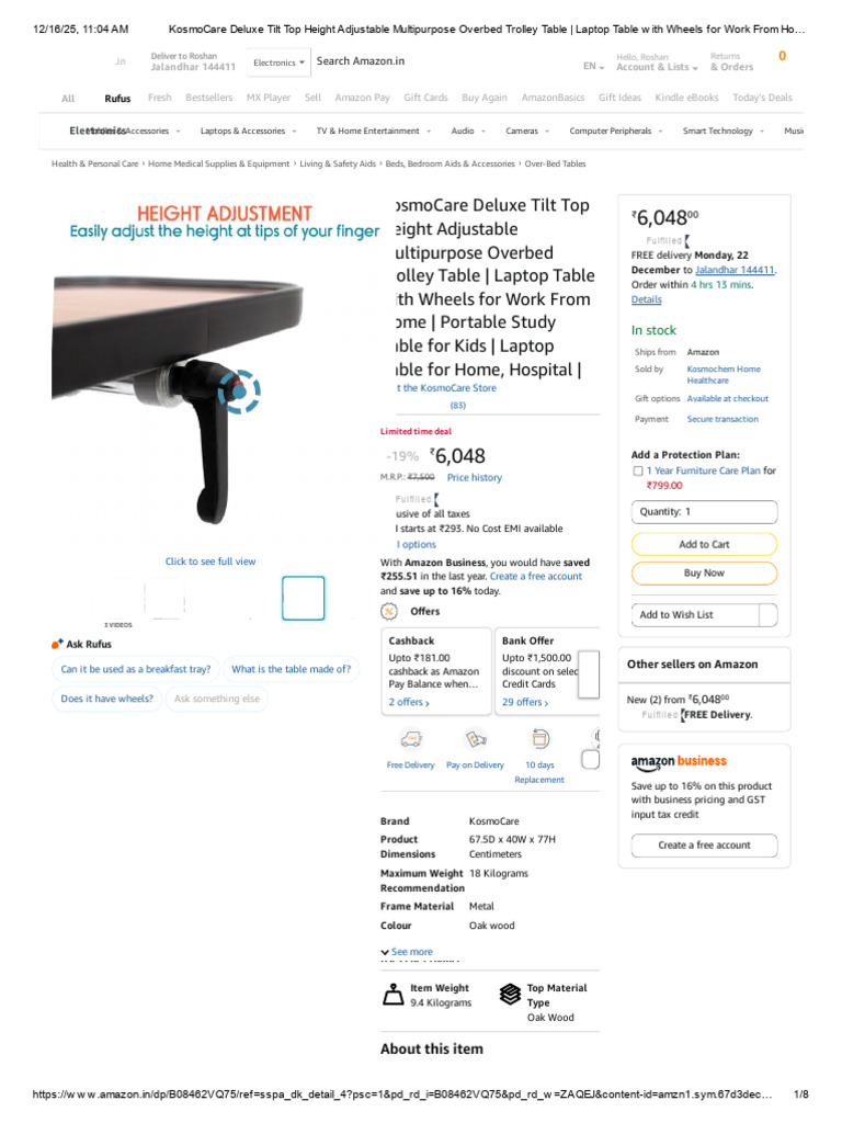 KosmoCare Deluxe Tilt Top Height Adjustable Multipurpose Overbed ...