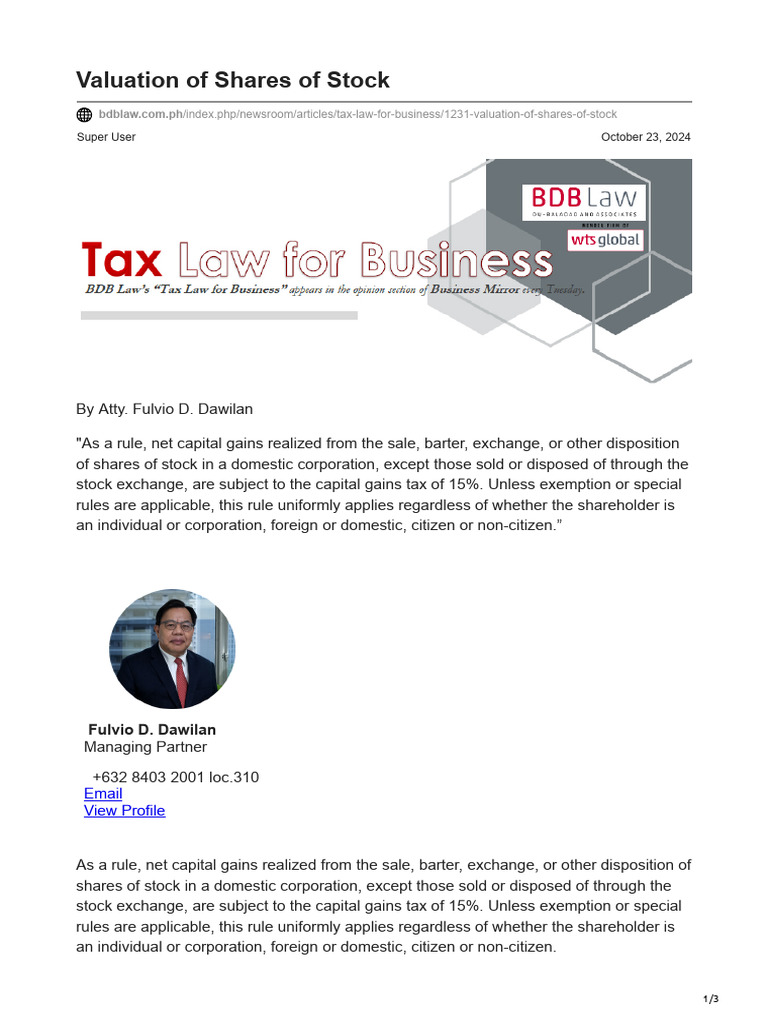 .Ph-Valuation of Shares of Stock | PDF | Capital Gains Tax | Capital Gain