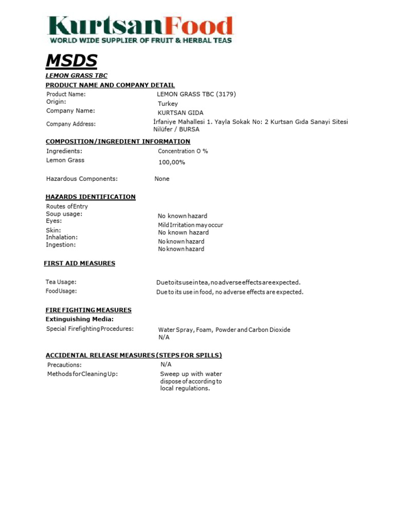 Lemon Grass TBC MSDS Overview | PDF | Hazards | Firefighting