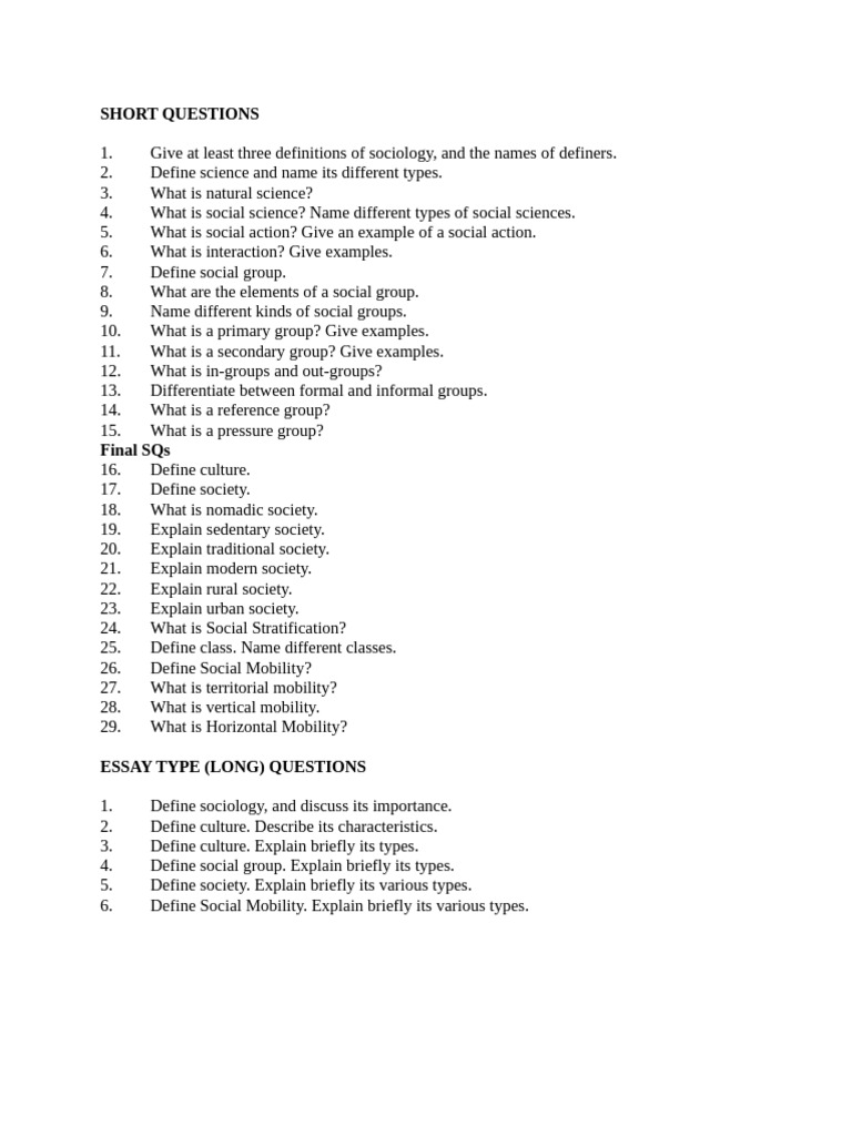 Short Questions Sociology | PDF
