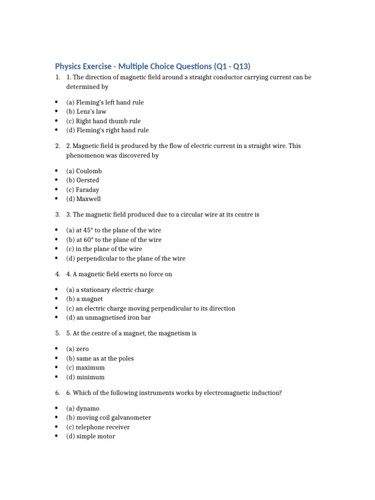 Physics MCQs on Magnetic Fields and Current | PDF | Magnetic Field ...