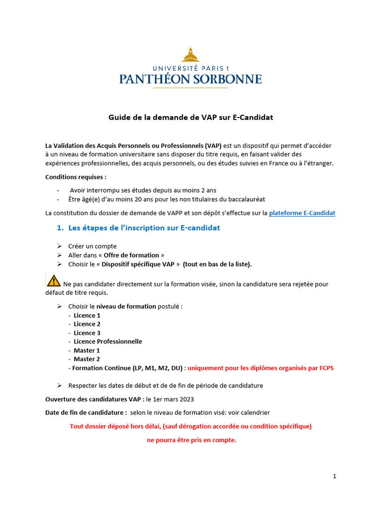 Guide Et Notice Explicative Pour Une Demande de VAPP Sur E-Candidat ...