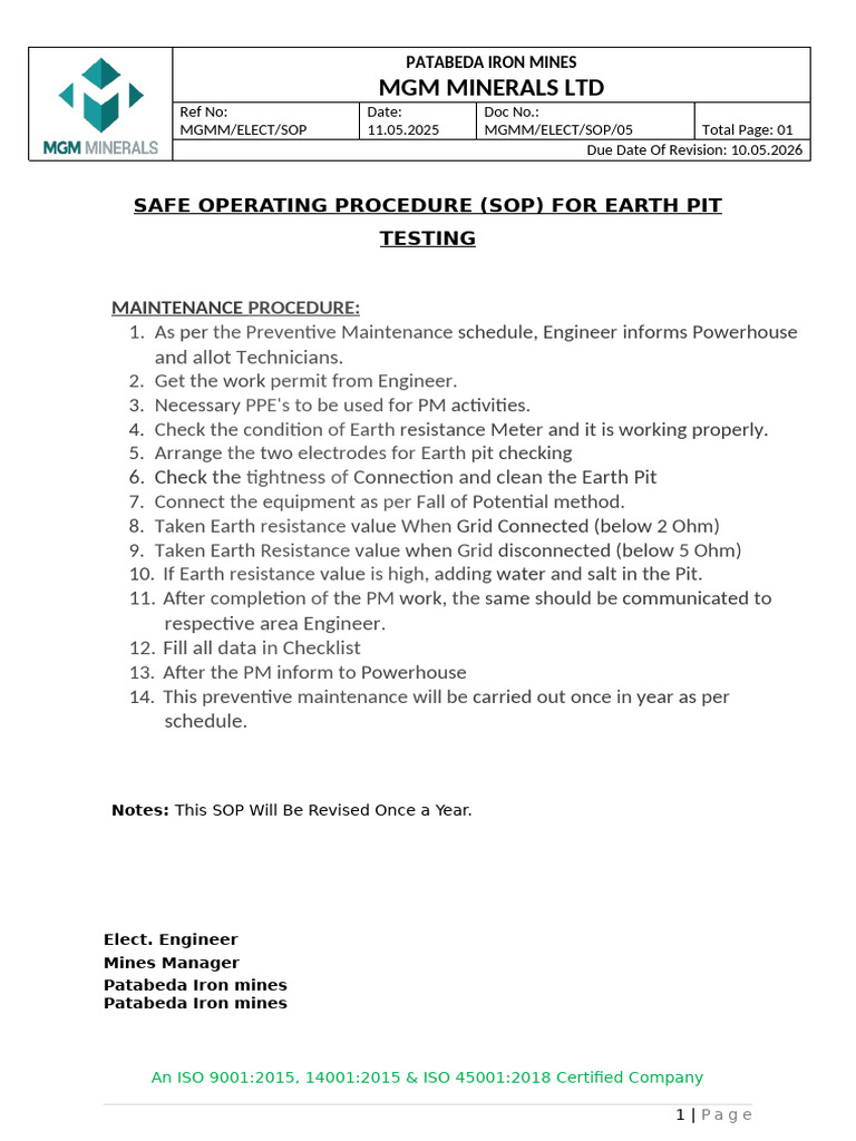 Sop For Earthing Test | PDF