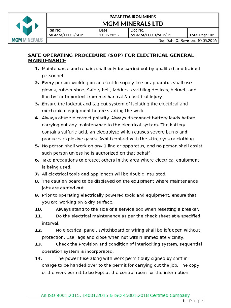 Electrical Maintenance SOP for Mines | PDF | Electrical Engineering ...