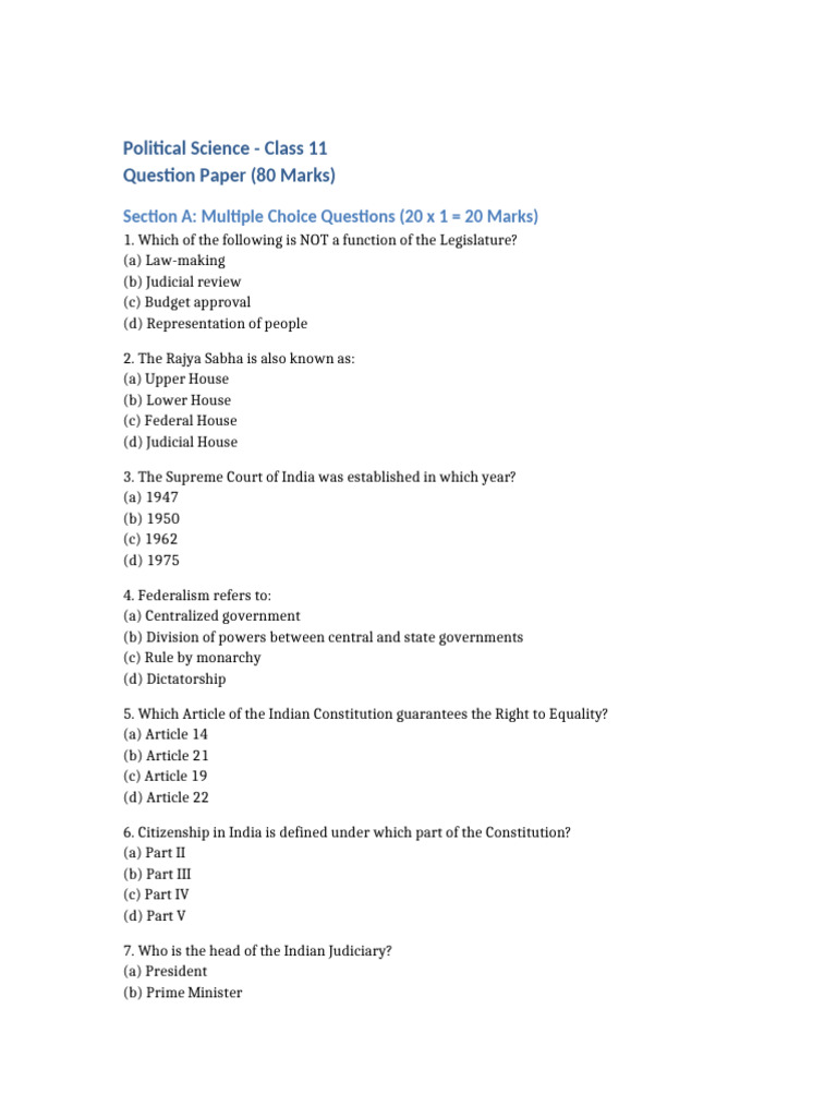 Class 11 Political Science Question Paper | PDF | Political Science ...