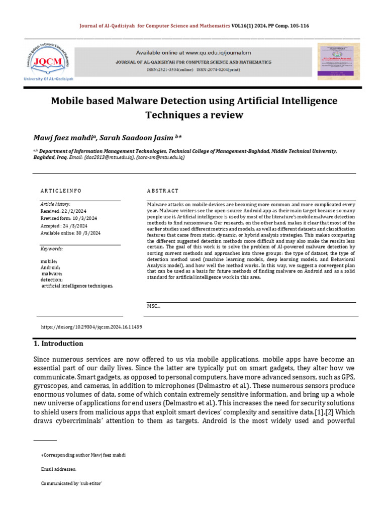 Mobile Based Malware Detection Using Artificial in | PDF | Deep ...