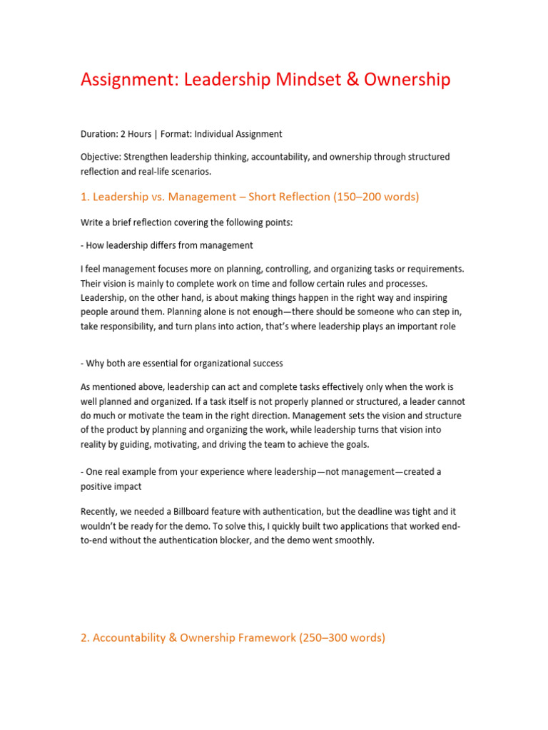 Leadership Mindset Ownership Assignment (1) | PDF | Leadership | Goal