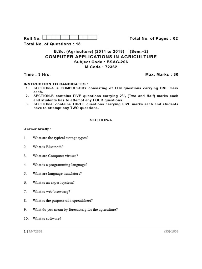 BSC 2 Sem Ag Computer Applications in Agriculture 72362 Dec 2020 | PDF