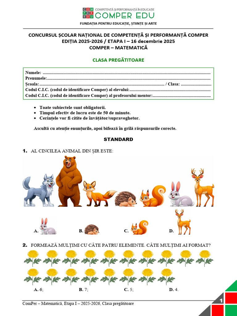 Subiect Comper Mate EtapaI 2025 2026 Clasa0 | PDF