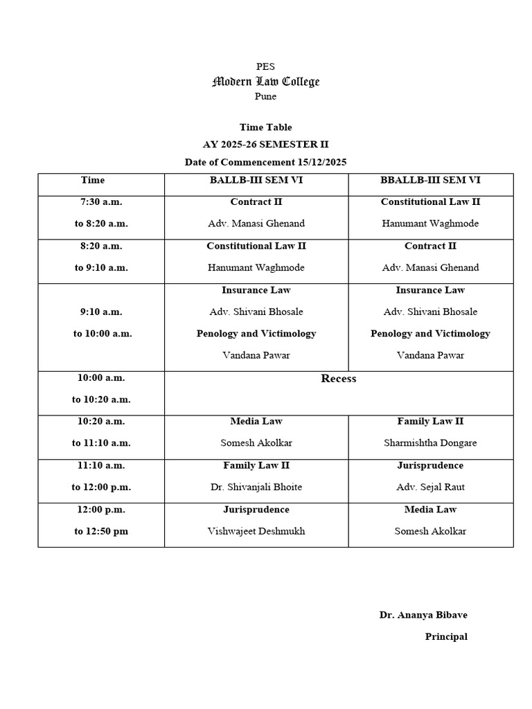 Consolidated Timetable 1 - Law (2025-26) Sem II | PDF | Civil Law ...