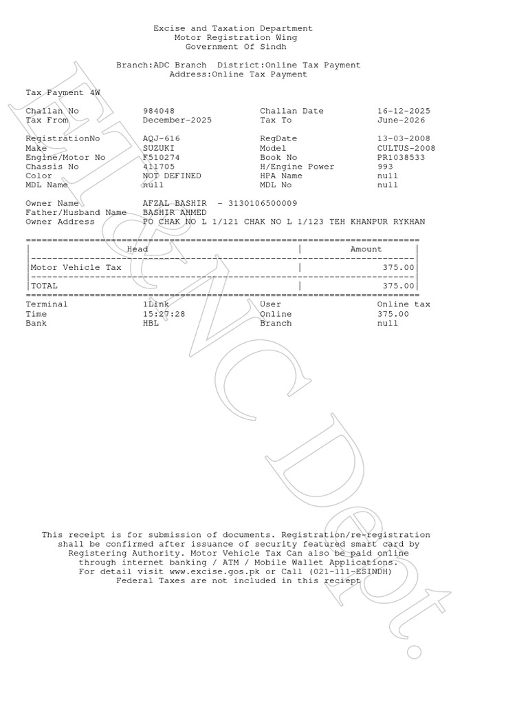 Online Motor Vehicle Tax Receipt | PDF