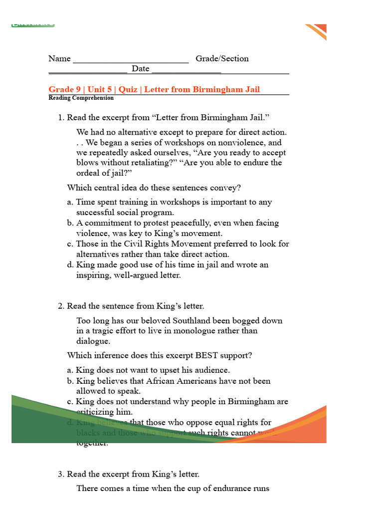 Grade 9 Quiz: Birmingham Jail Analysis | PDF