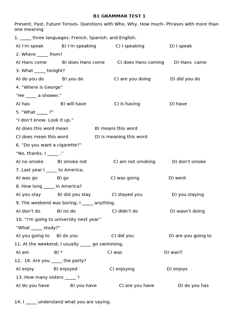 B1 Grammar Test: Tenses & Questions | PDF