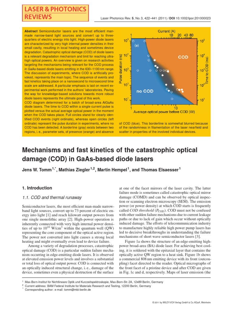 Mechanisms of Catastrophic Optical Damage in Diode Lasers | PDF | Laser ...