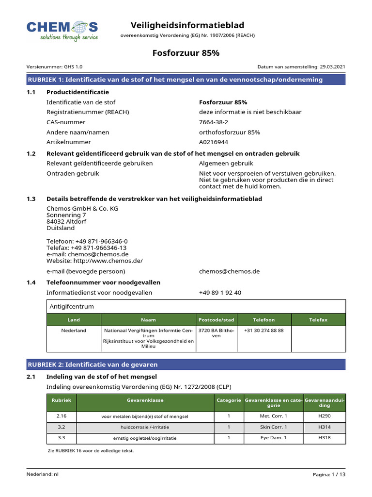 Veiligheidsinformatieblad Fosforzuur 85% | PDF
