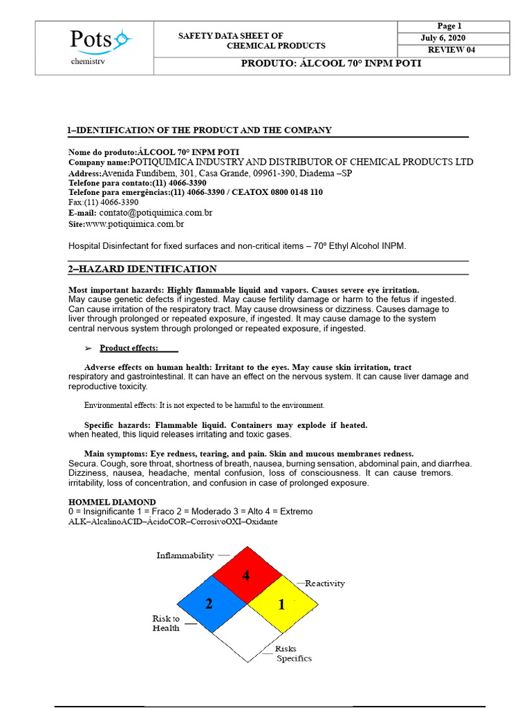 Safety Data Sheet: 70% Ethyl Alcohol | PDF | Toxicity | Dangerous Goods