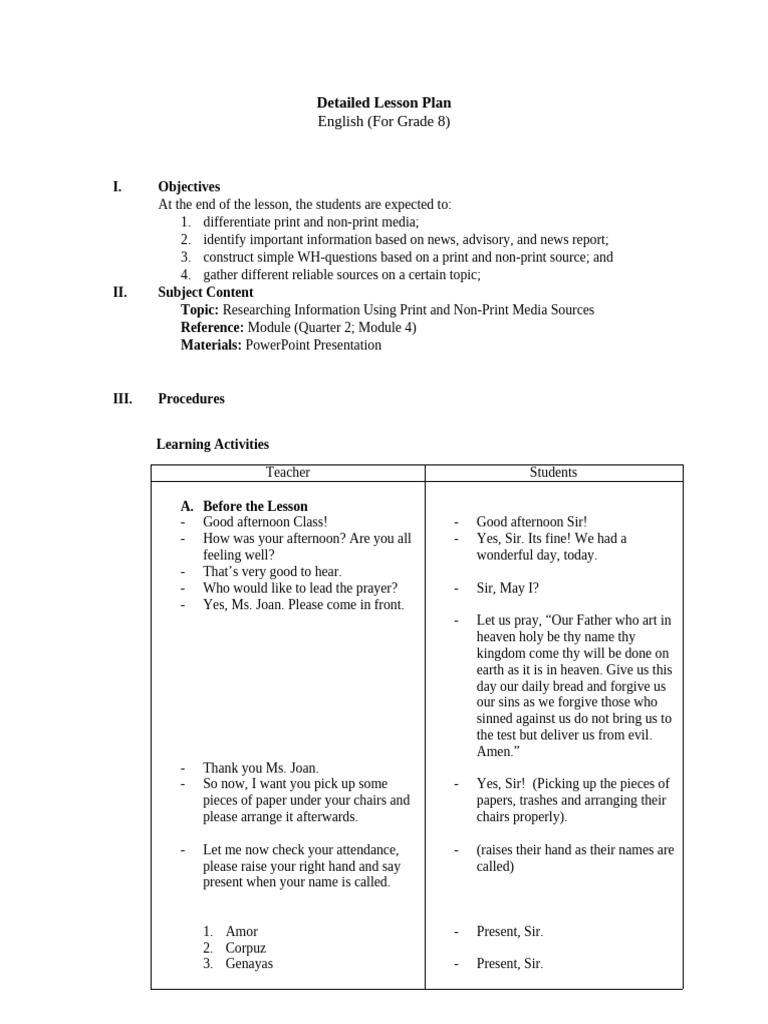 Grade 8 Lesson Plan: Media Sources | PDF | Lord's Prayer