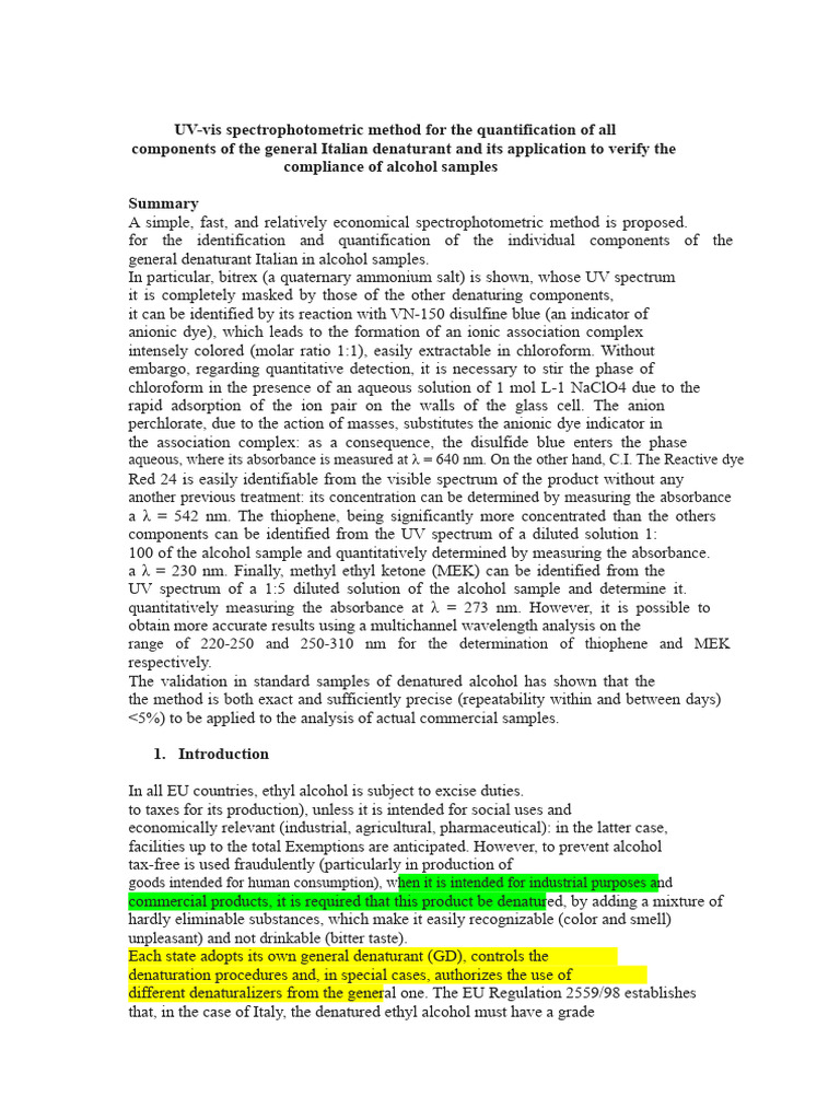 UV Spectrophotometric Method of Denatured Alcohol | PDF | Ultraviolet ...