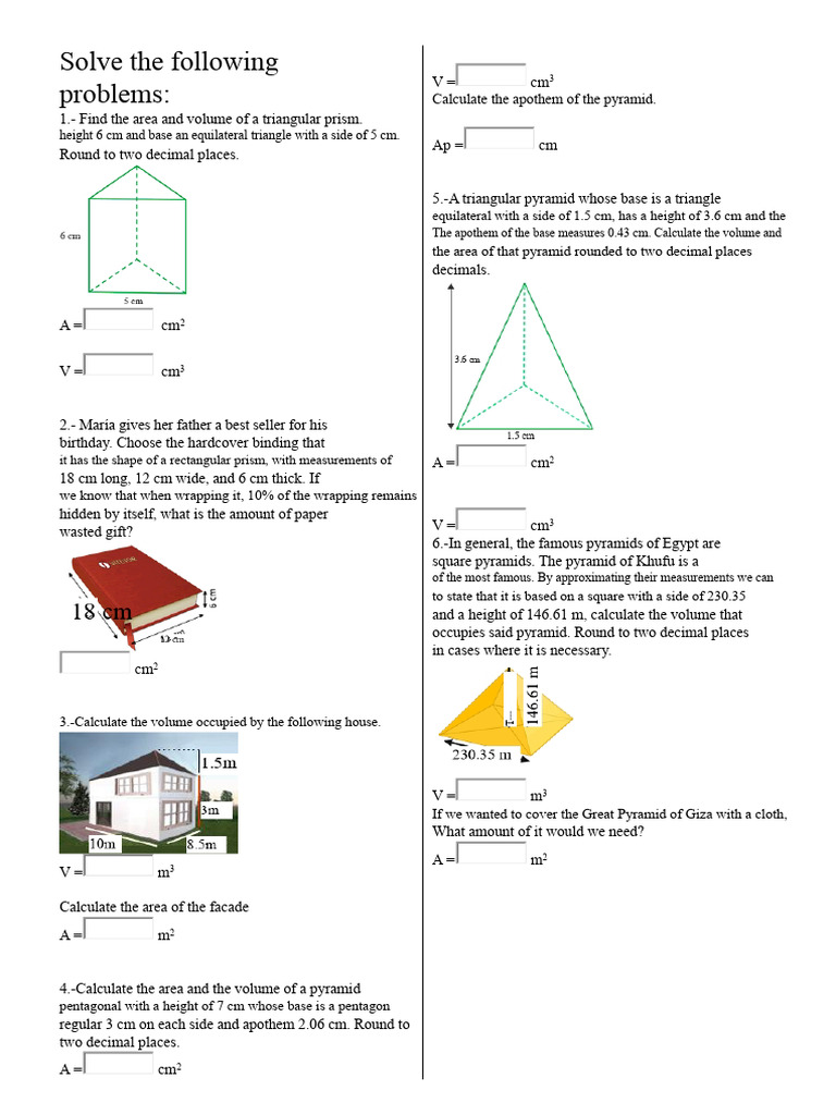 Problems of Prisms and Pyramids | PDF | Area | Volume