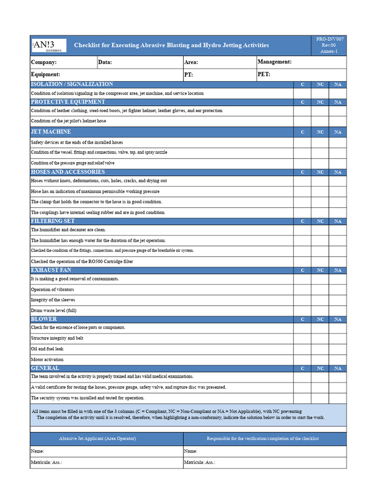Abrasive Blasting & Hydro Jetting Checklist | PDF | Mechanical ...