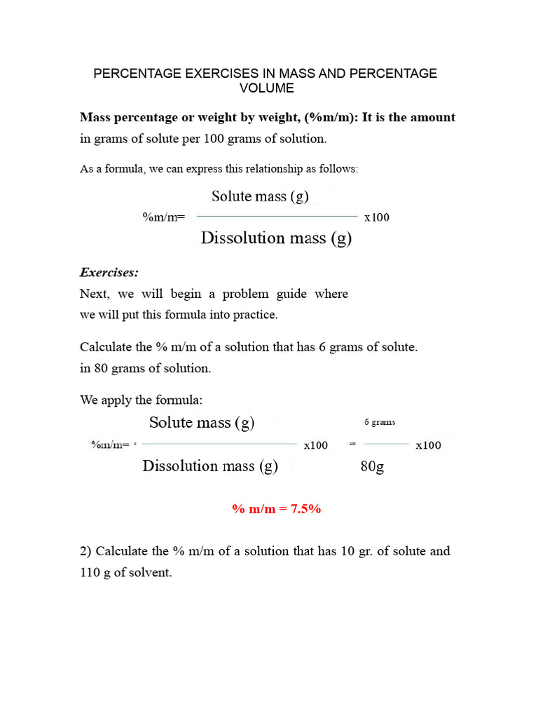 Percentage Exercises in Mass and Volume Percentage | PDF | Ethanol | Litre