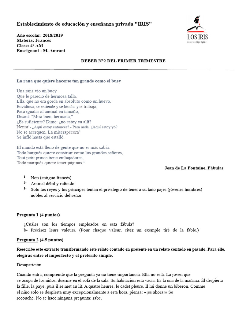 Fábula de La Fontaine: Análisis y Ejercicios | PDF | Gramática | Fábula