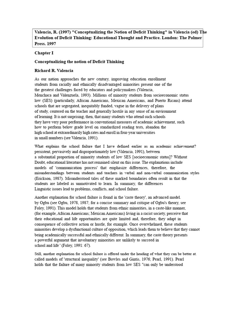 Valencia Chapter Conception Deficit Thinking (Selection) | PDF ...