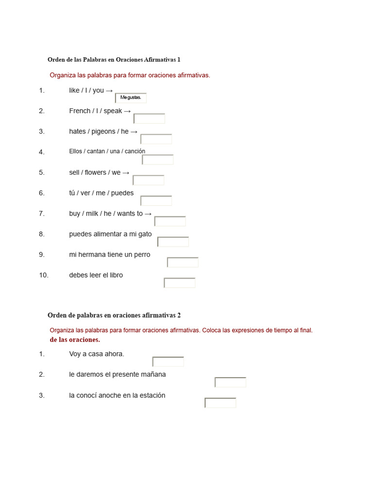 Orden de Palabras en Oraciones Afirmativas y Negativas | PDF