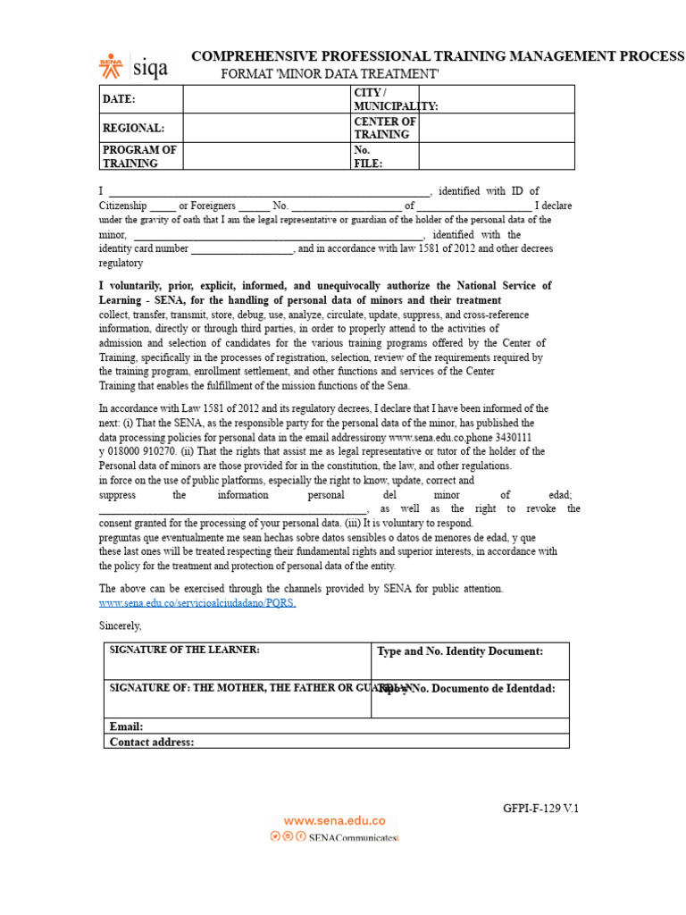 GFPI-F-129 Data Processing Form For Minors | PDF | Privacy | Justice