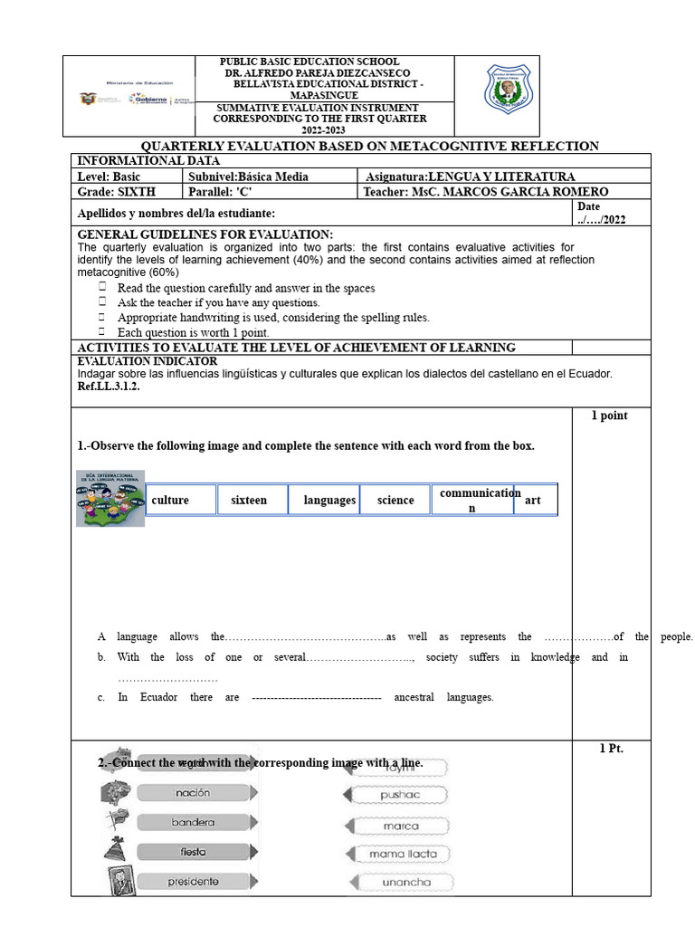 First Quarter Evaluation for Sixth Grade | PDF | Human Communication ...