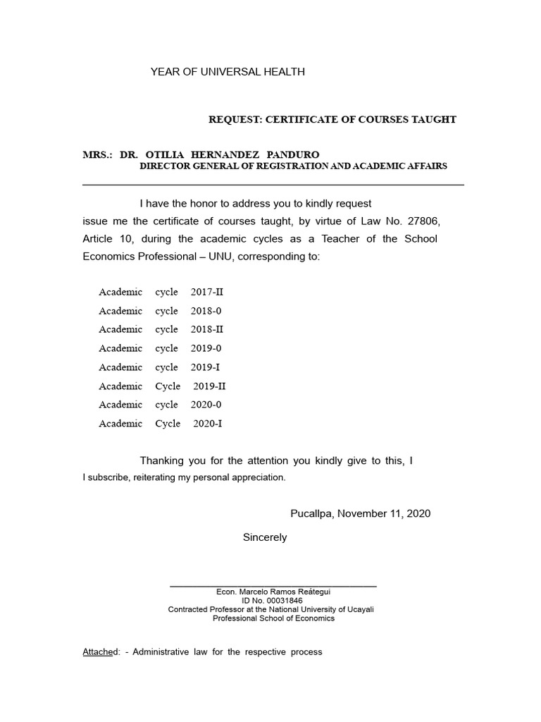 Request CERTIFICATE OF COURSES TAUGHT 2020 | PDF