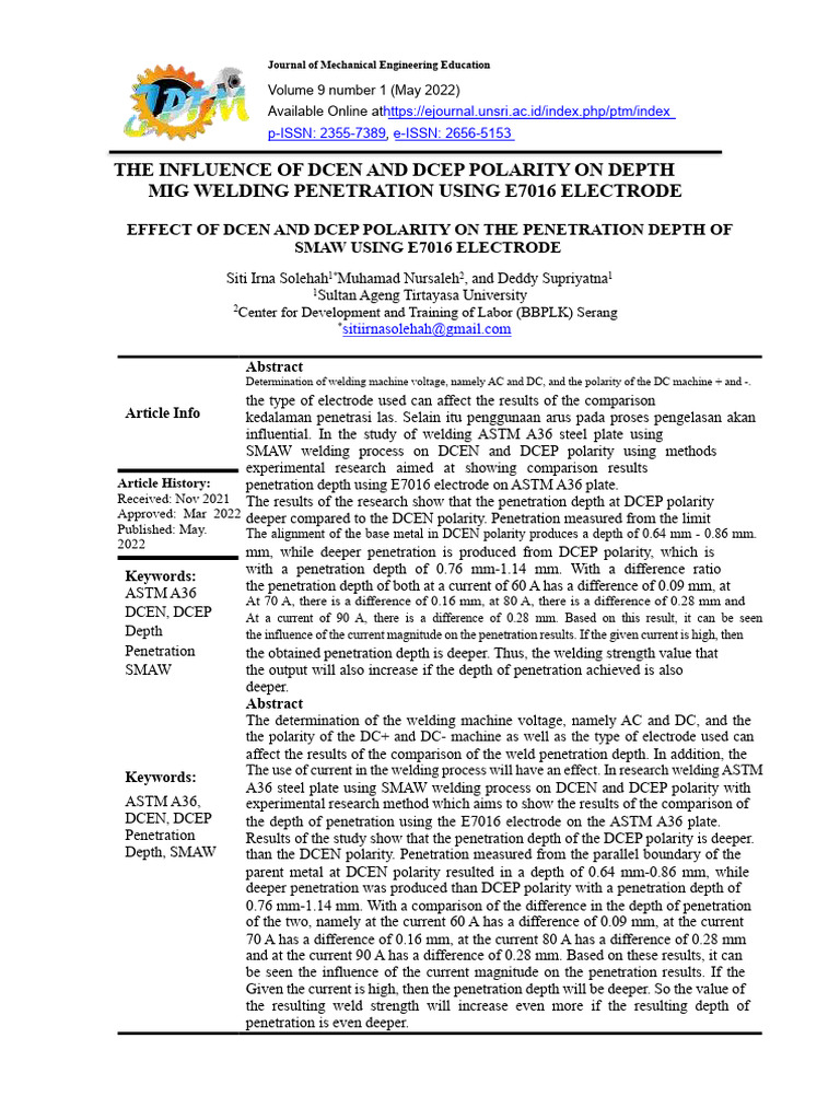 The Influence of Dcen and Dcep Polarity On Depth Mig Welding ...