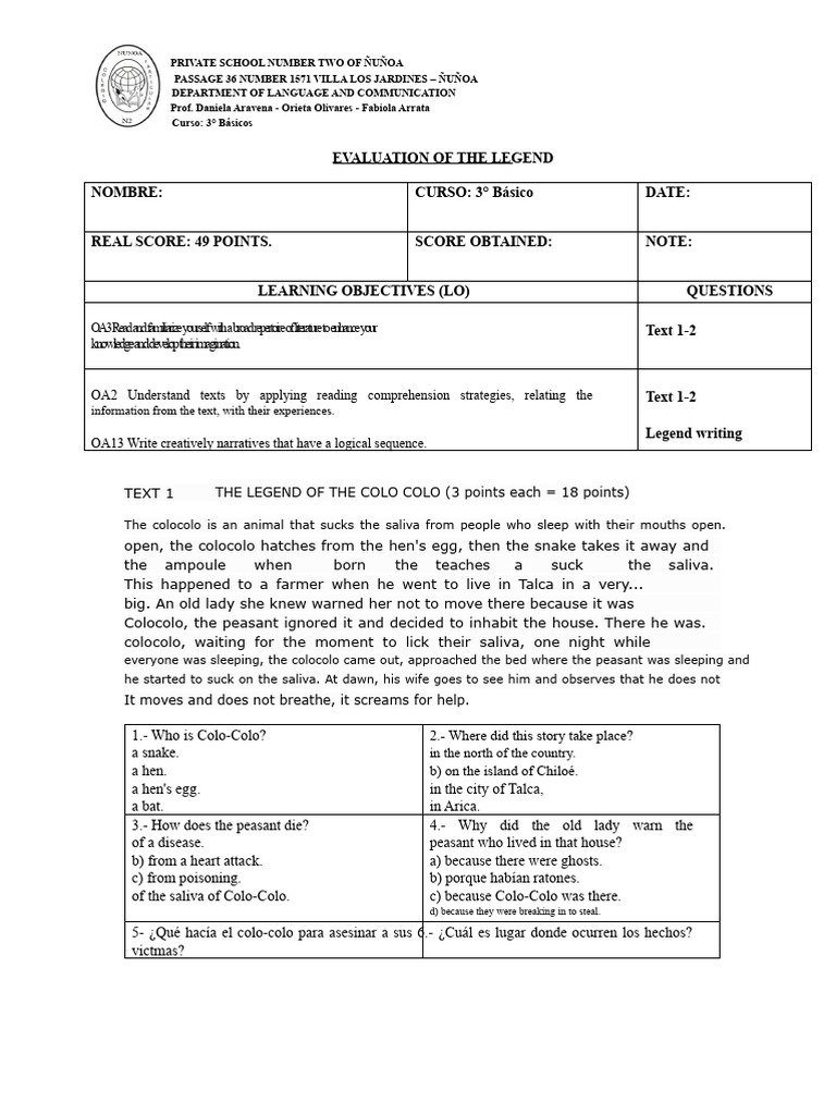 3rd Grade Legend Evaluation Document | PDF | Reading Comprehension