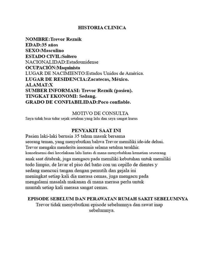 Riwayat Medis Trevor Reznik: Insomnia dan Delusi | PDF