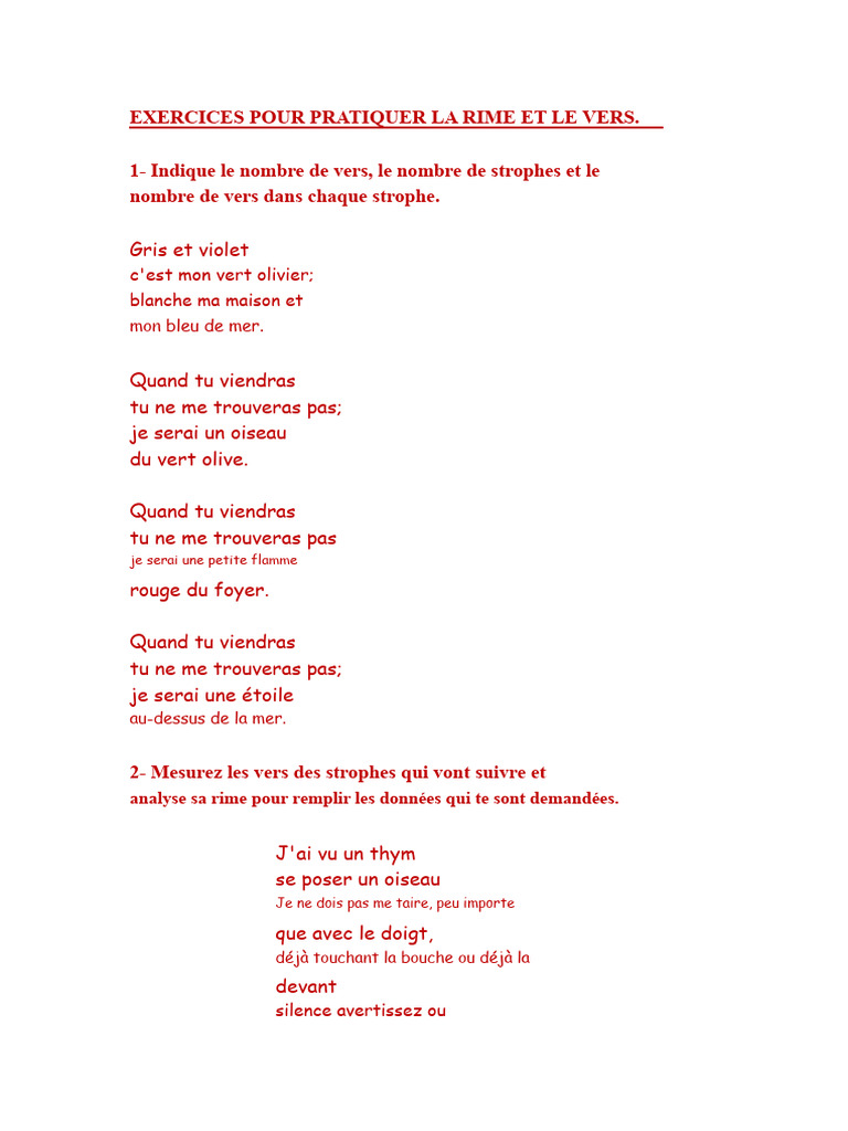 Exercices de Rime et de Versification | PDF | Rime dans la poésie | Syllabe