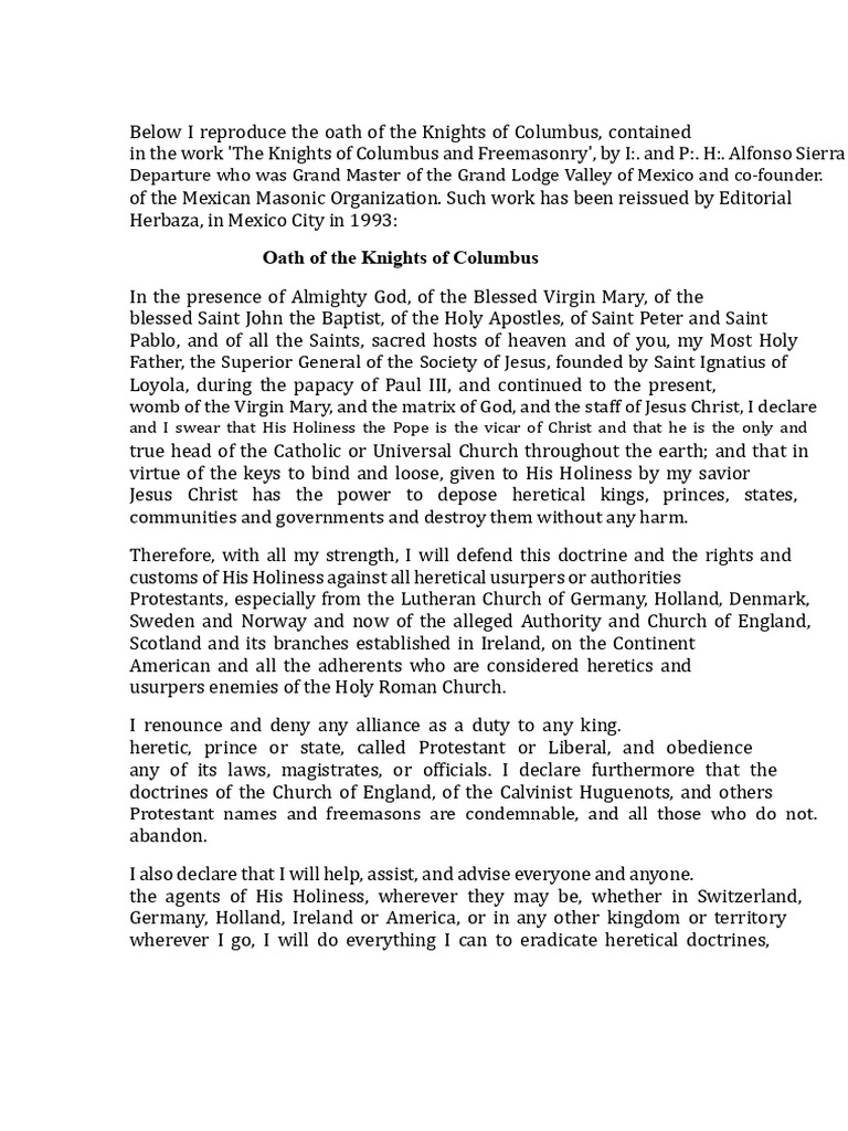 Oath of The Knights of Columbus | PDF | Pope | Freemasonry