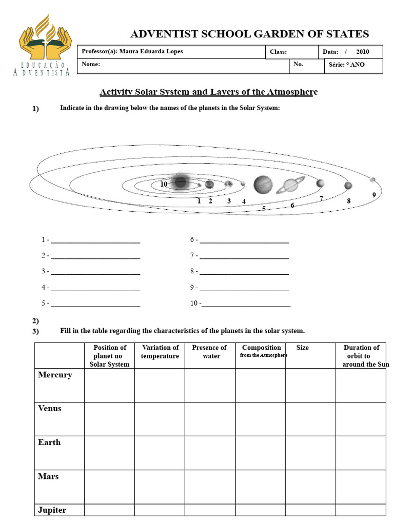 Solar System Activity 6th Grade | PDF | Planets | Solar System