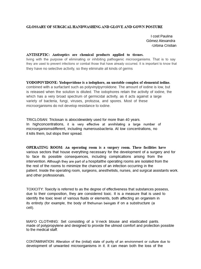 Glossary of Surgical Hand Washing and Gloves and Gown Positioning | PDF ...