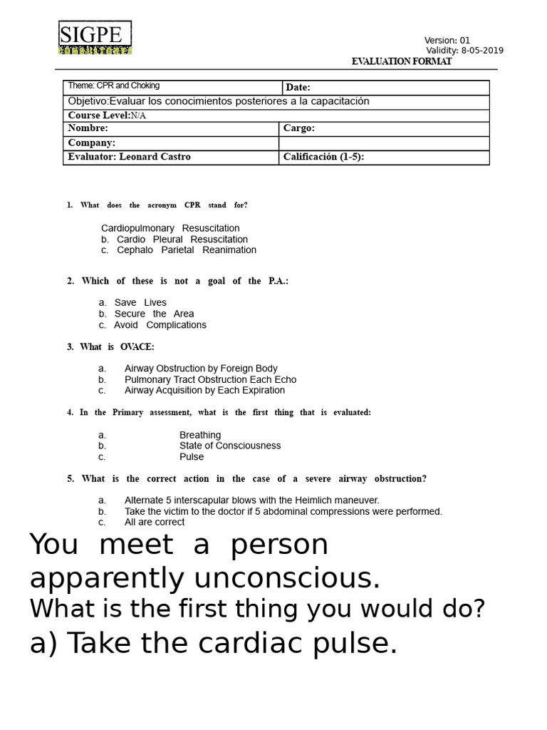 Evaluation of CPR and Choking | PDF | Cardiopulmonary Resuscitation ...